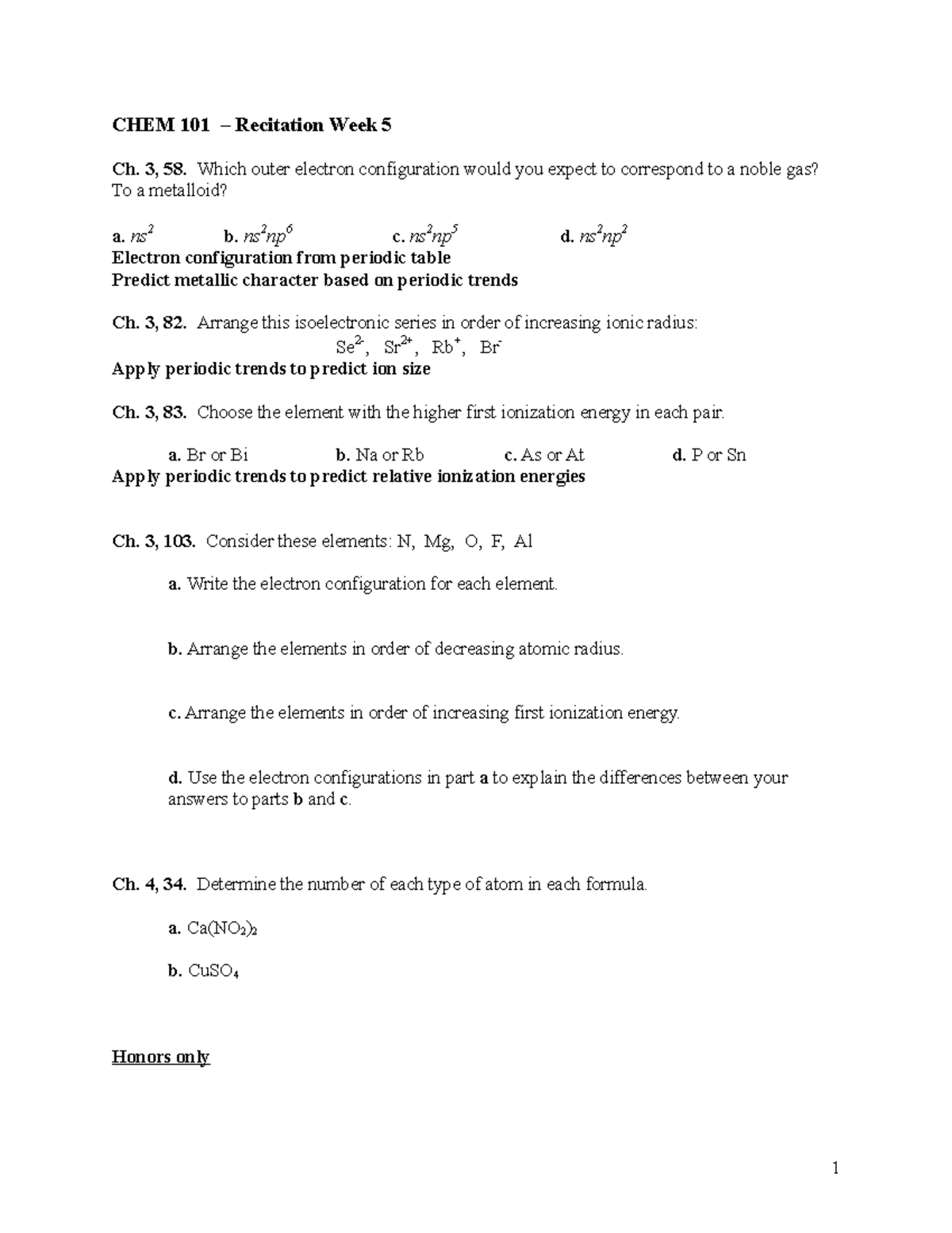 CHEM 101 Recitation Week 5 - CHEM 101 – Recitation Week 5 Ch. 3, 58 ...