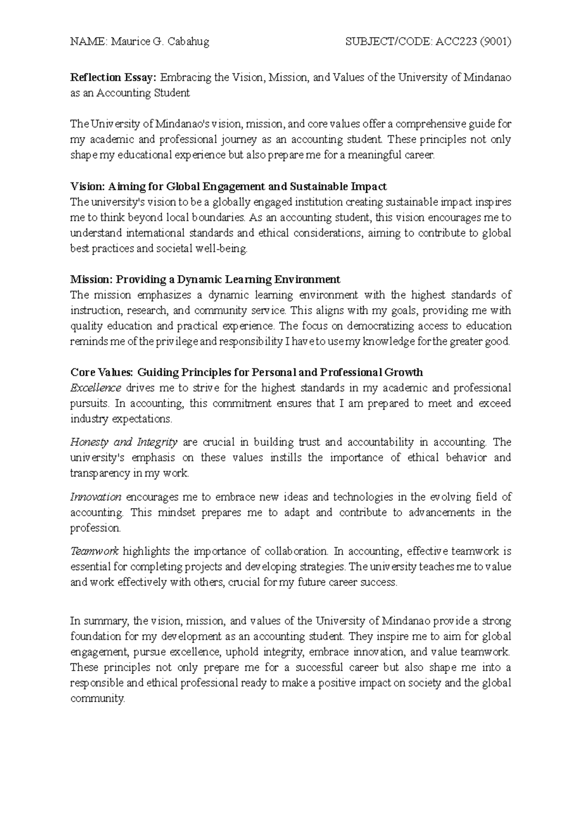 Reflection Essay ( Strat) - NAME: Maurice G. Cabahug SUBJECT/CODE ...