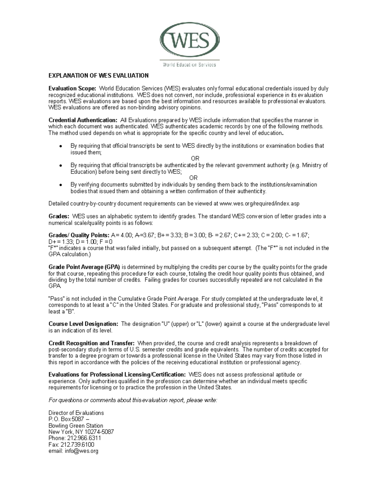 Terms Conds - EXPLANATION OF WES EVALUATION Evaluation Scope: World ...