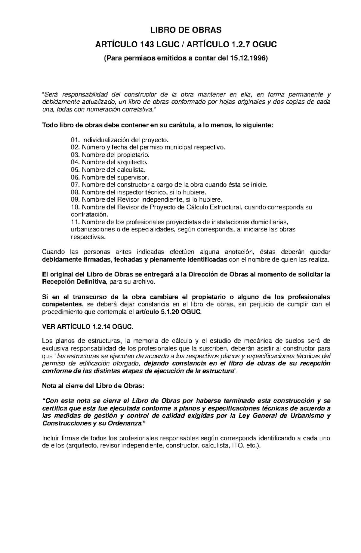 GUIA-LIBRO-DE-OBRA - LIBRO DE OBRAS ARTÍCULO 143 LGUC / ARTÍCULO 1.2 OGUC (Para permisos ...