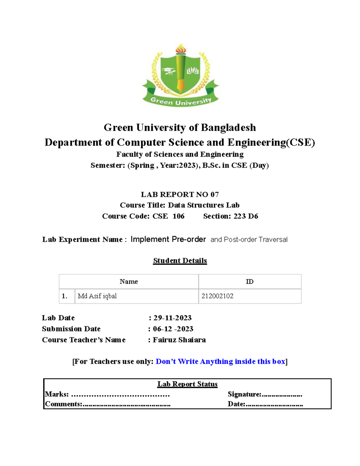 Lab7212002 102 - Lab report - Green University of Bangladesh Department ...
