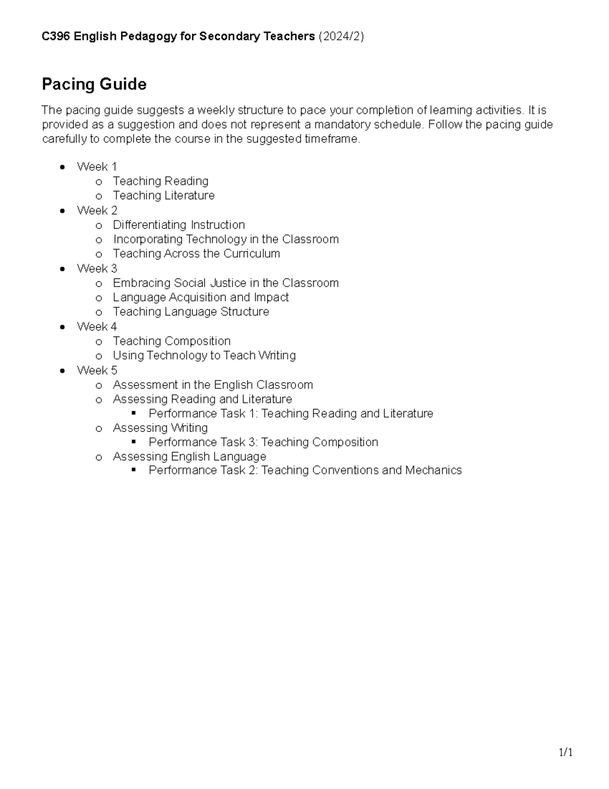 (C396/EDUC 5347) English Pedagogy: Pacing Guide - C396 English Pedagogy ...