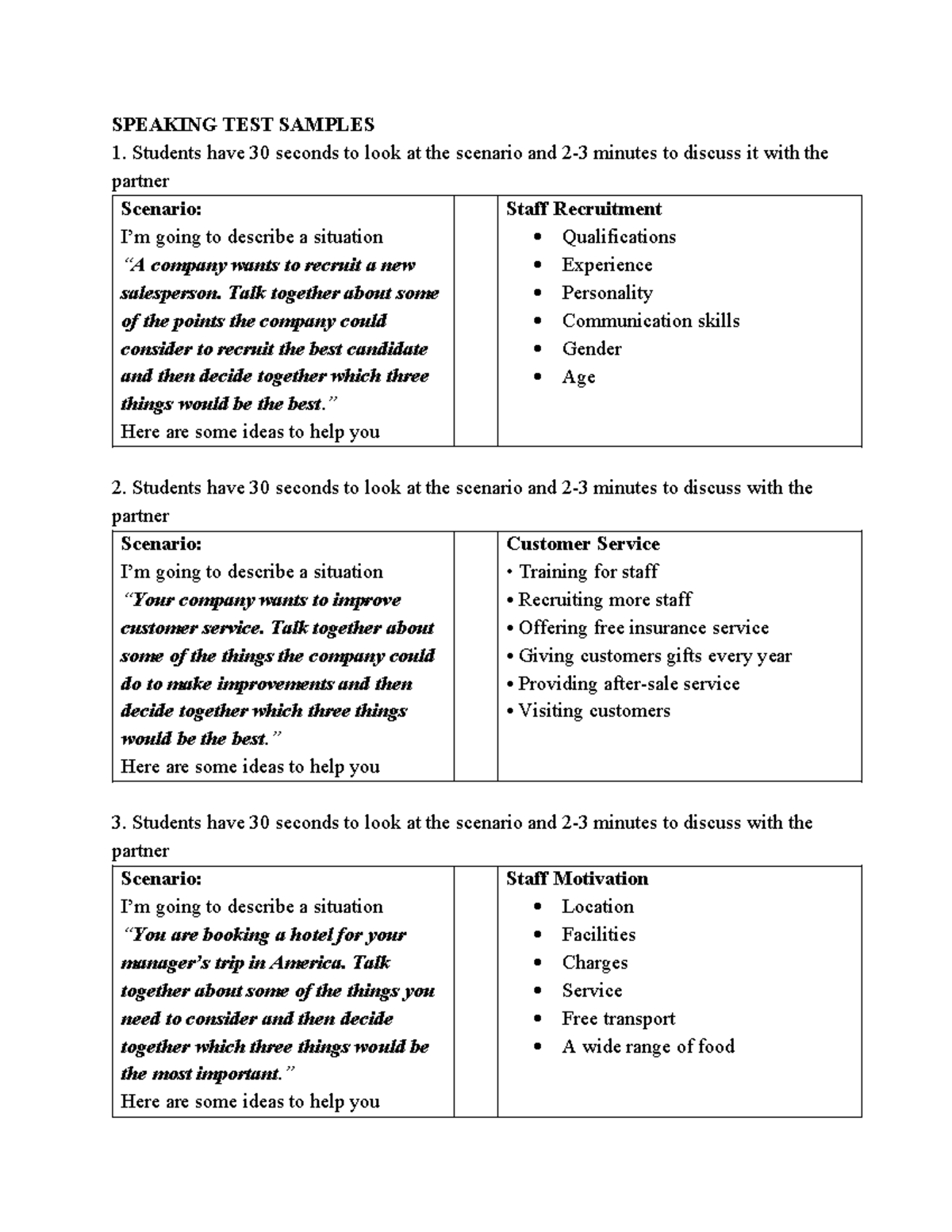 Speaking handouts - SPEAKING TEST SAMPLES Students have 30 seconds to ...