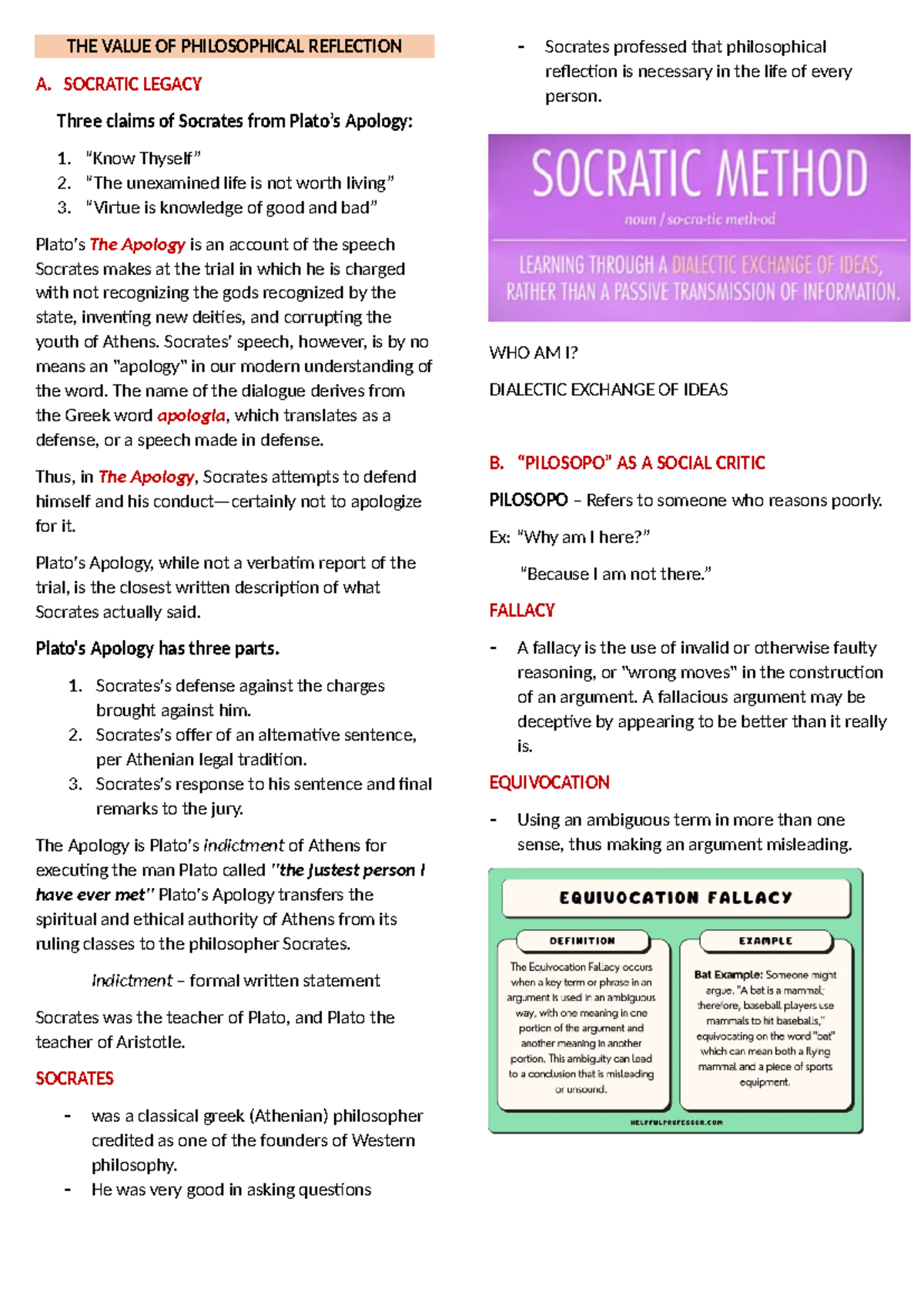Philo- Prefinals- Reviewer - THE VALUE OF PHILOSOPHICAL REFLECTION A ...