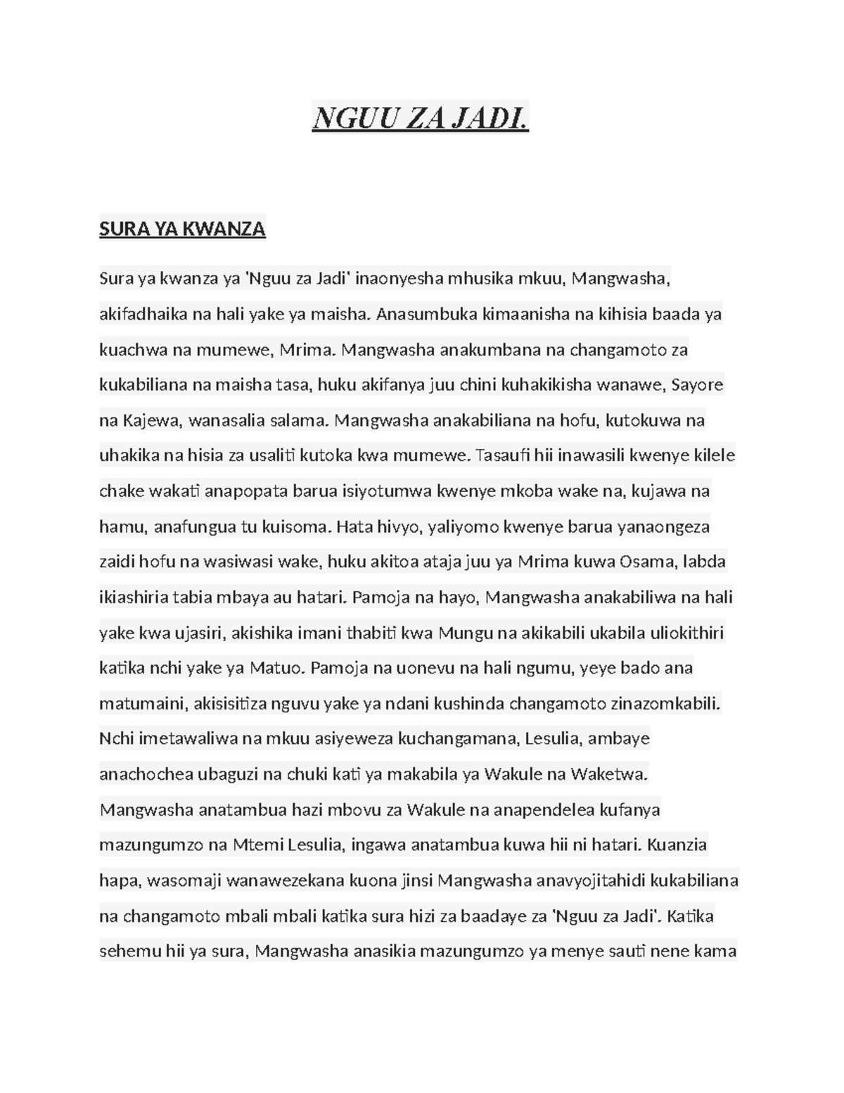 NGUU ZA JADI - notes - NGUU ZA JADI. SURA YA KWANZA Sura ya kwanza ya ...