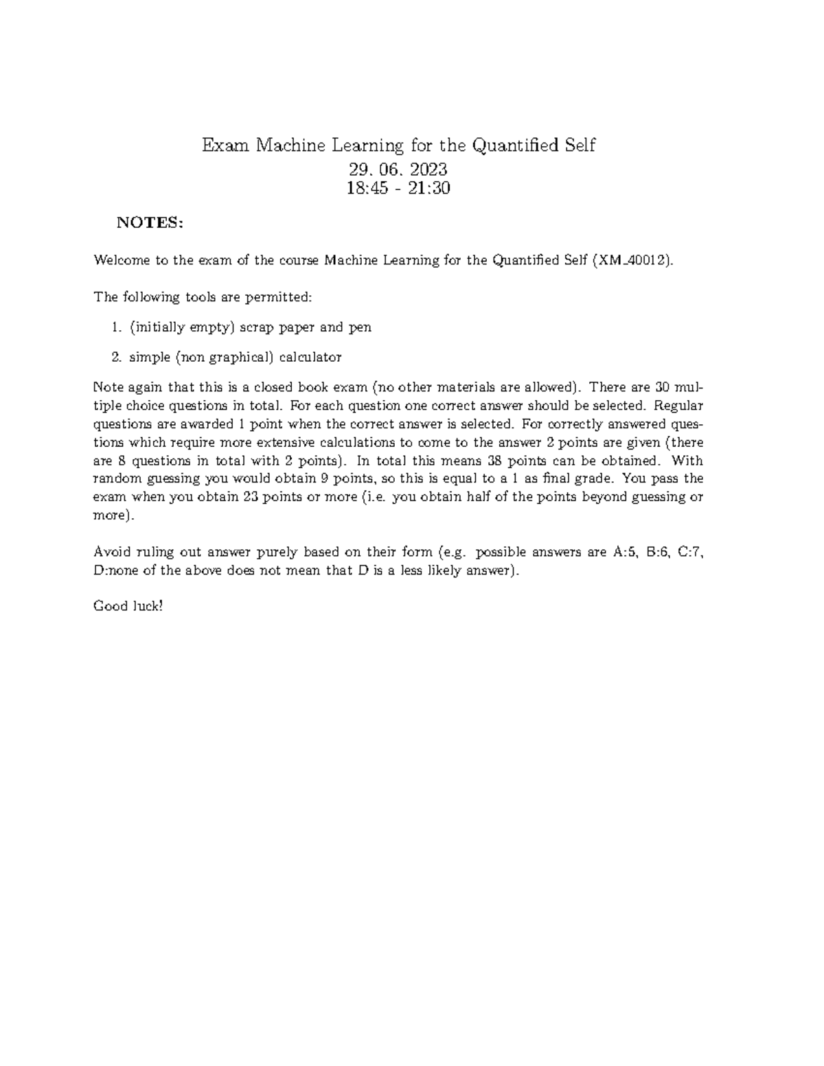 ML4QS 2023 with answers - Exam Machine Learning for the Quantified Self 29. 06. 2023 18:45 - 21 ...
