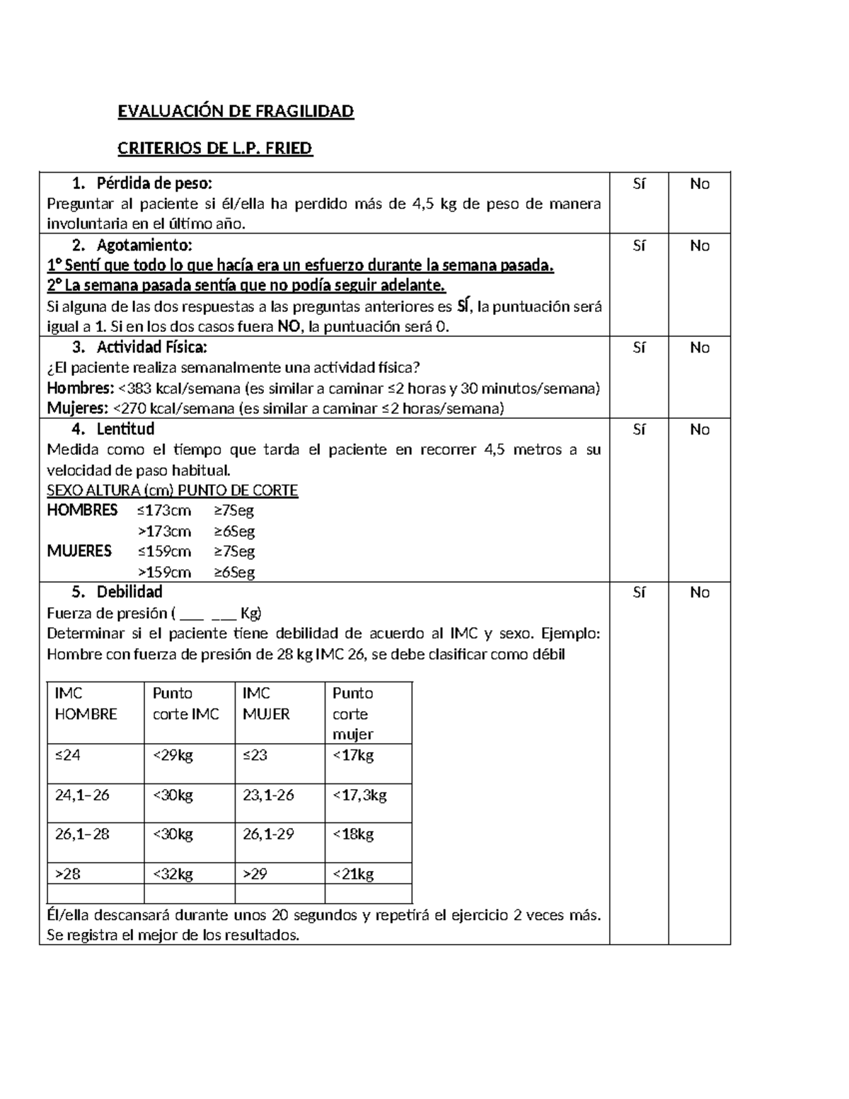 Fried TEST - apuntes - EVALUACIÓN DE FRAGILIDAD CRITERIOS DE L. FRIED ...