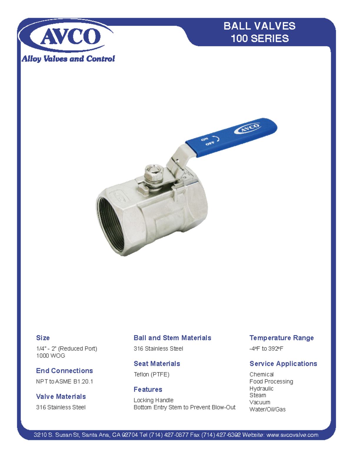 100-Series Ball Valves Specifications and Features - Size 1/4” - 2 ...