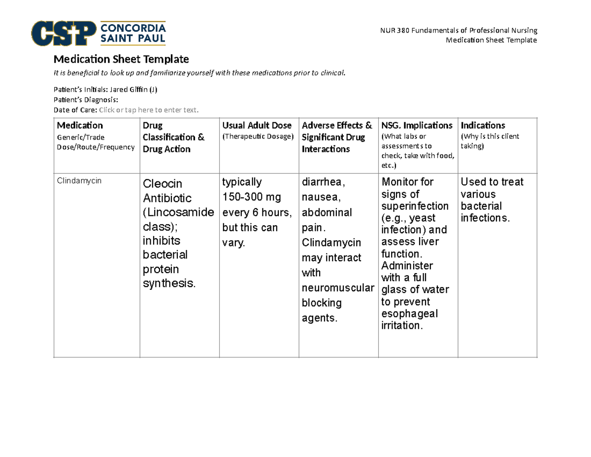 NUR 380 Jared Medication Sheet Template - NUR 380 Fundamentals of Professional Nursing Medica:on ...