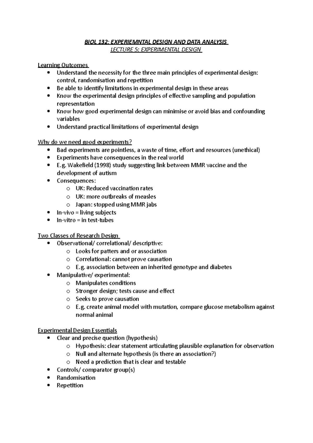 BIOL 132 Lecture 5 - experimental design - BIOL 132: EXPERIEMNTAL ...