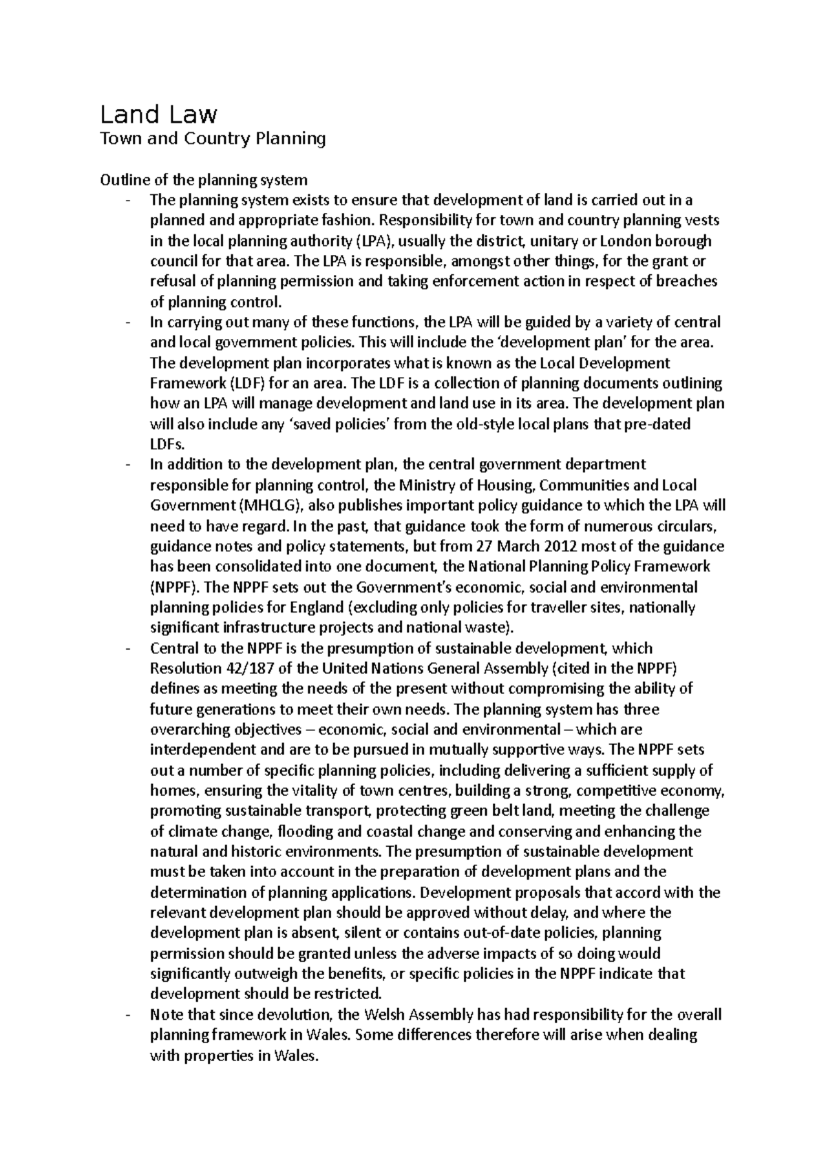 Town and Country Planning - Land Law Town and Country Planning Outline ...