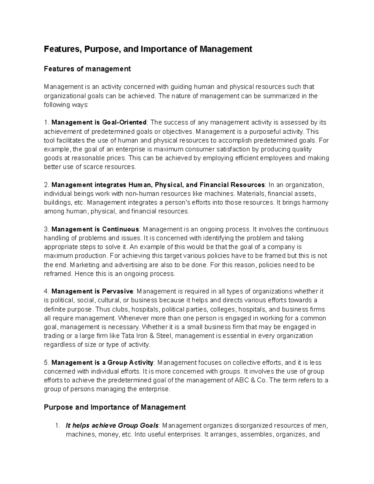 Features, Purpose, and Importance of Management - The nature of ...
