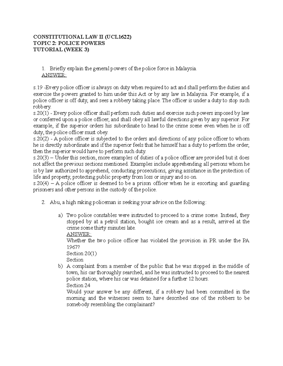 359840 Week 3 Police Powers - CONSTITUTIONAL LAW II (UCL1622) TOPIC 2 ...