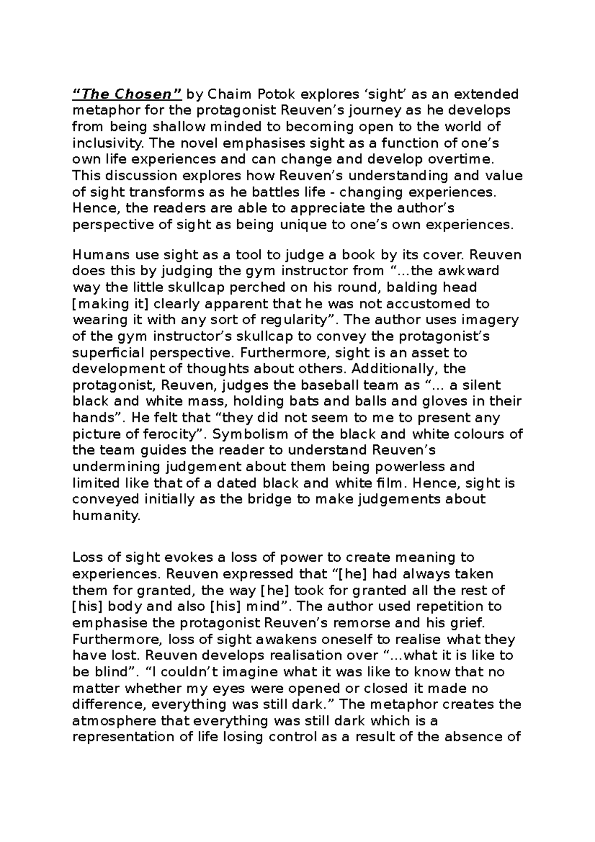 The Chosen Essay Final - “The Chosen” by Chaim Potok explores ‘sight ...