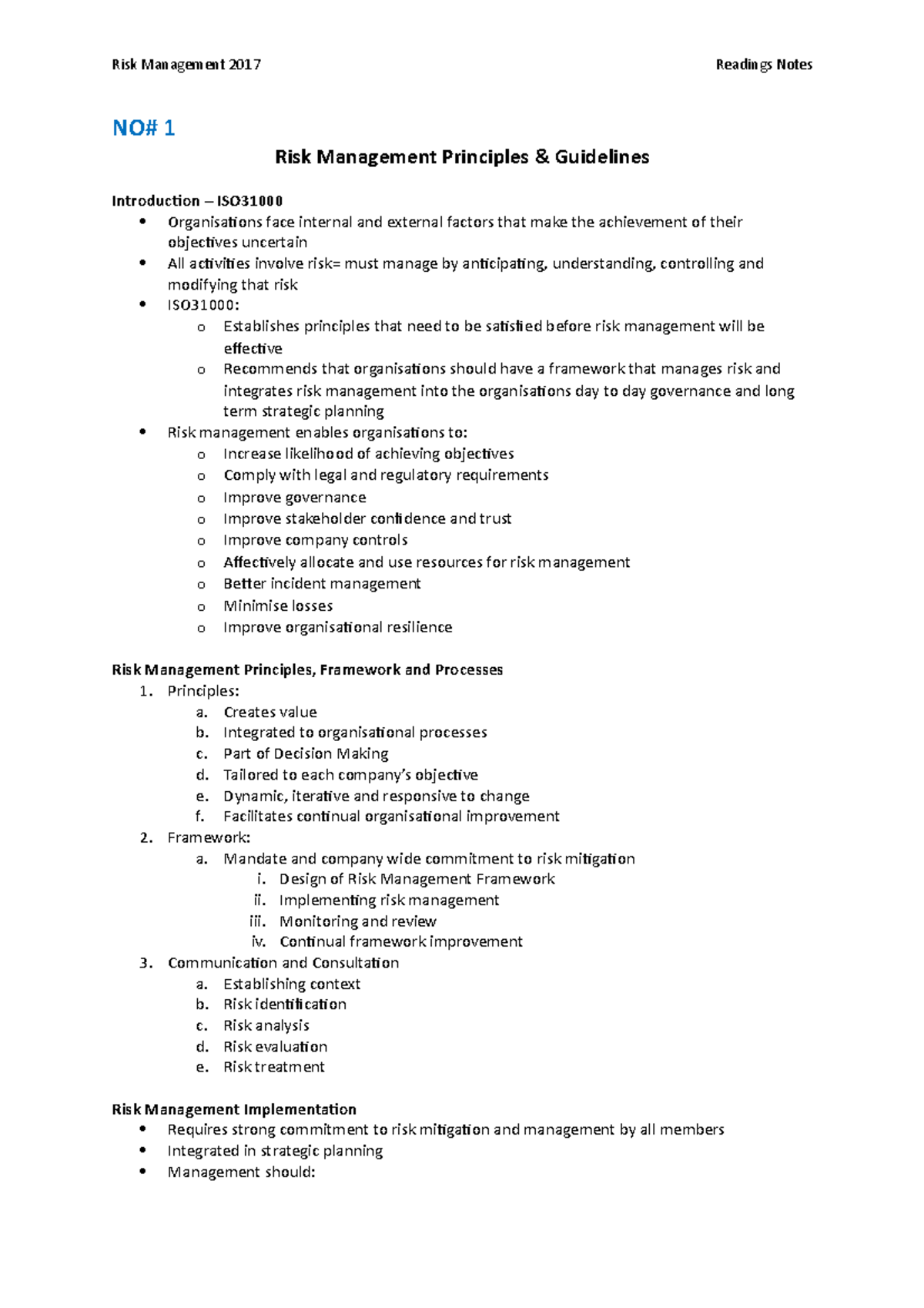 Weekly Reading Notes Rev - Risk Management 2017 NO# 1 Readings Notes ...