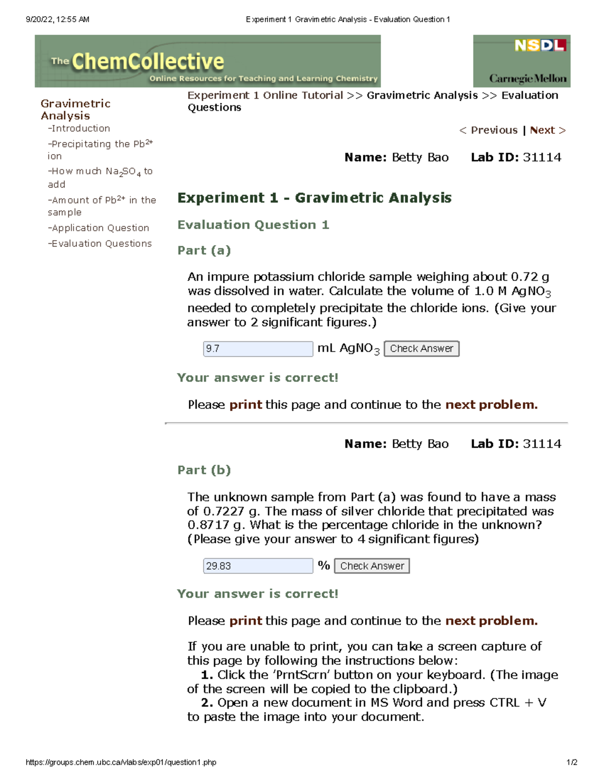 Experiment 1 Gravimetric Analysis - Evaluation Question 1 - 9/20/22, 12 ...