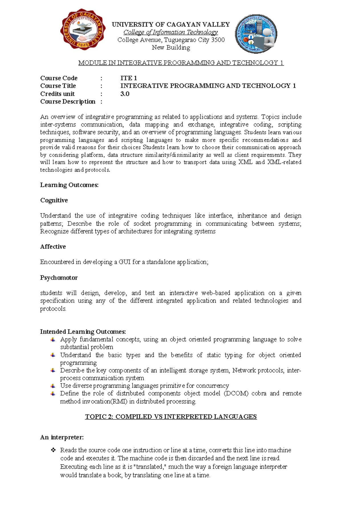 Module 02 Compiled Vs Interpreted Languages College Of Information Technology College Avenue 