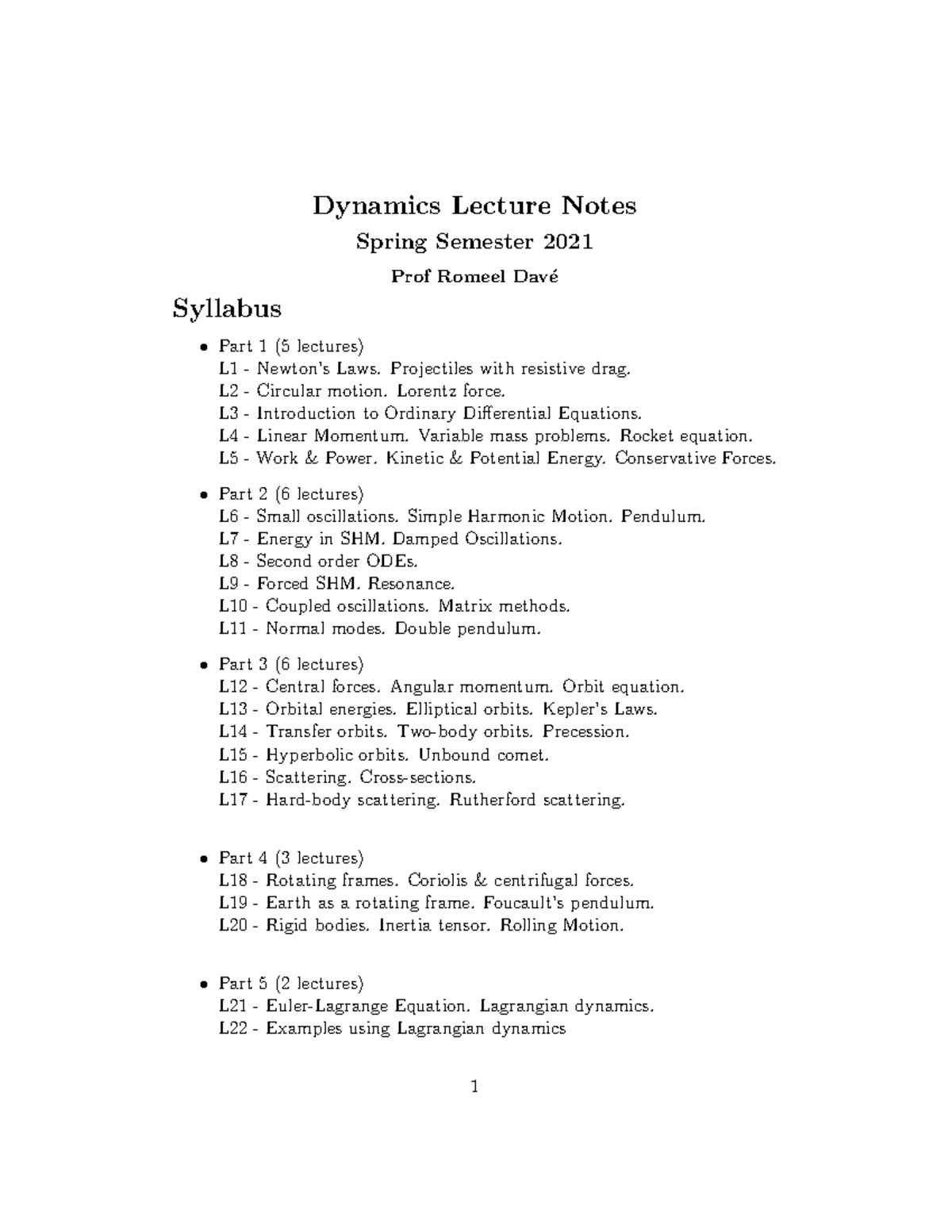 Dynamics note - Prof Roman Zwicky - Dynamics Lecture Notes Spring ...