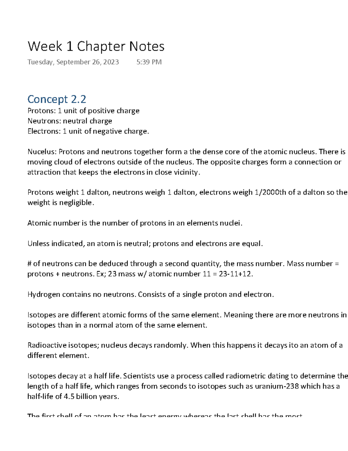 Week 1 Chapter Notes - Concept 2. Protons: 1 unit of positive charge ...