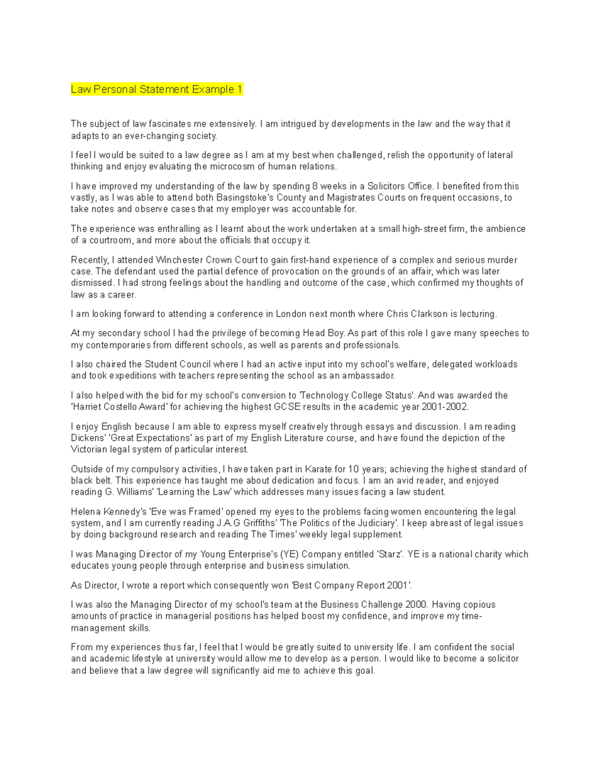 Document - dfwaegfwa - Law Personal Statement Example 1 The subject of ...