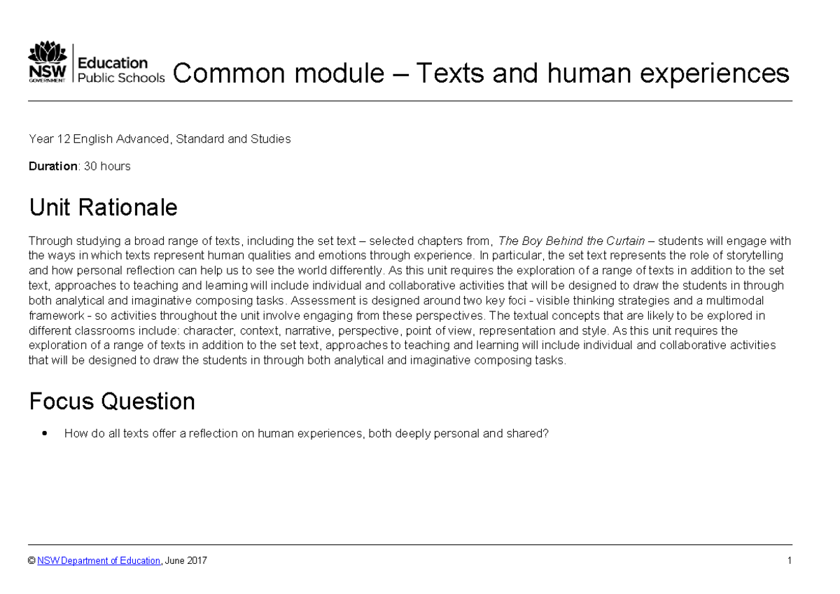 English s6 the boy behind the curtain unit of work - Common module – Texts and human experiences ...