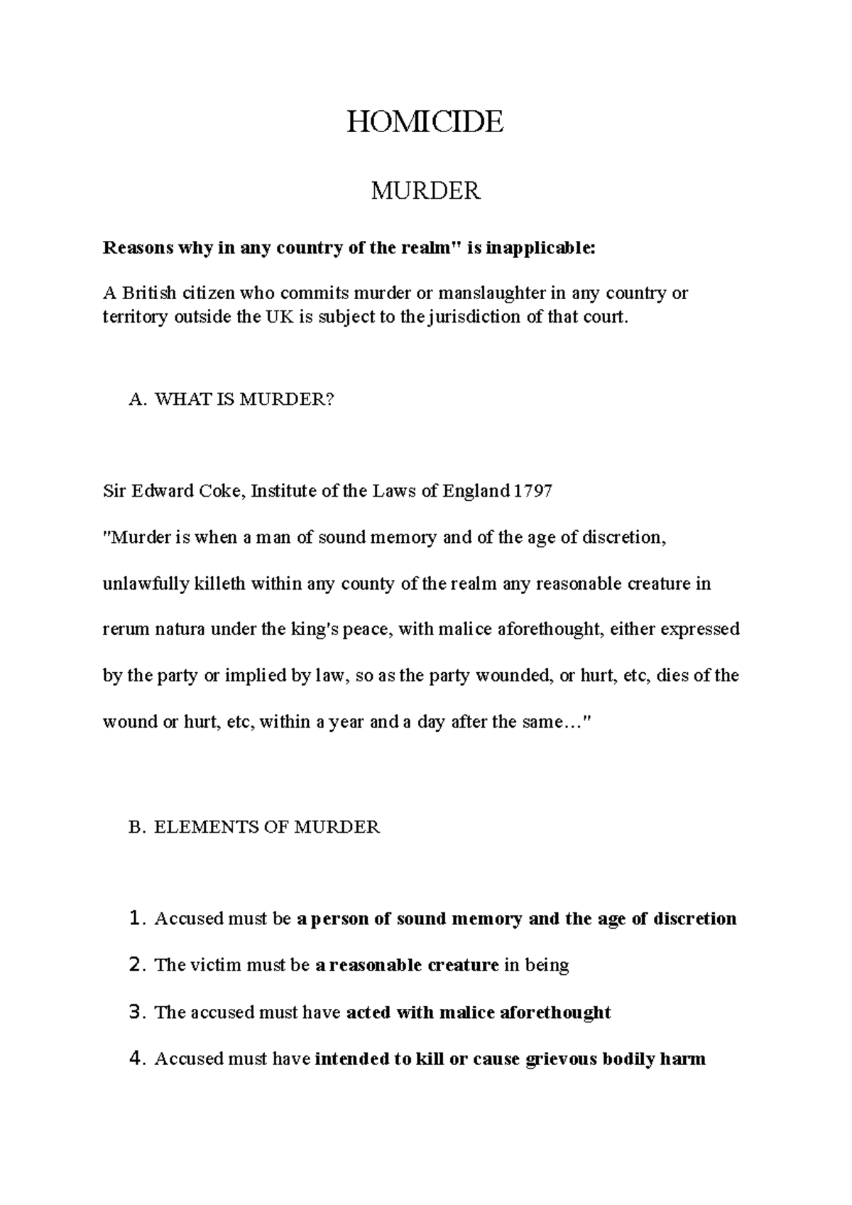 Homicide- Murder - Notes - HOMICIDE MURDER Reasons why in any country ...