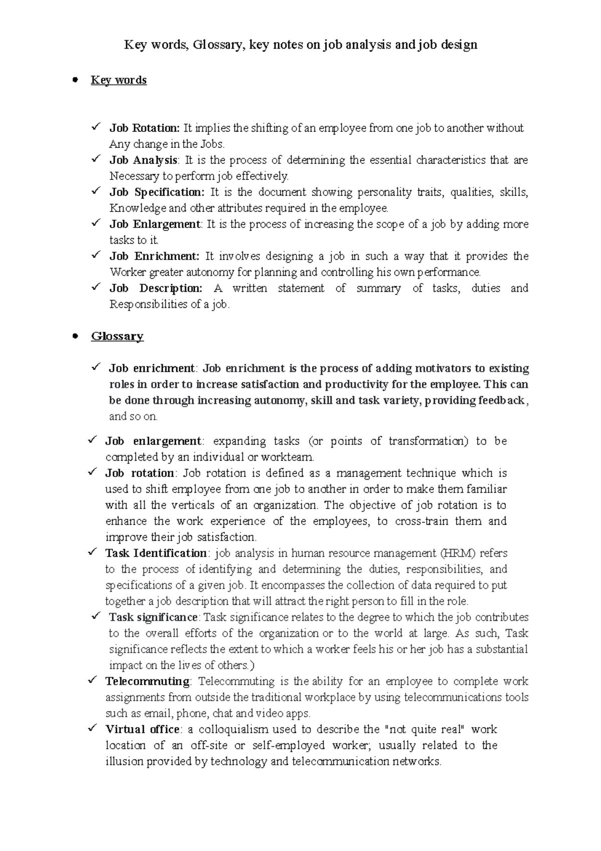 Key words ,glossary,key notes for job analysis and job design - Job ...