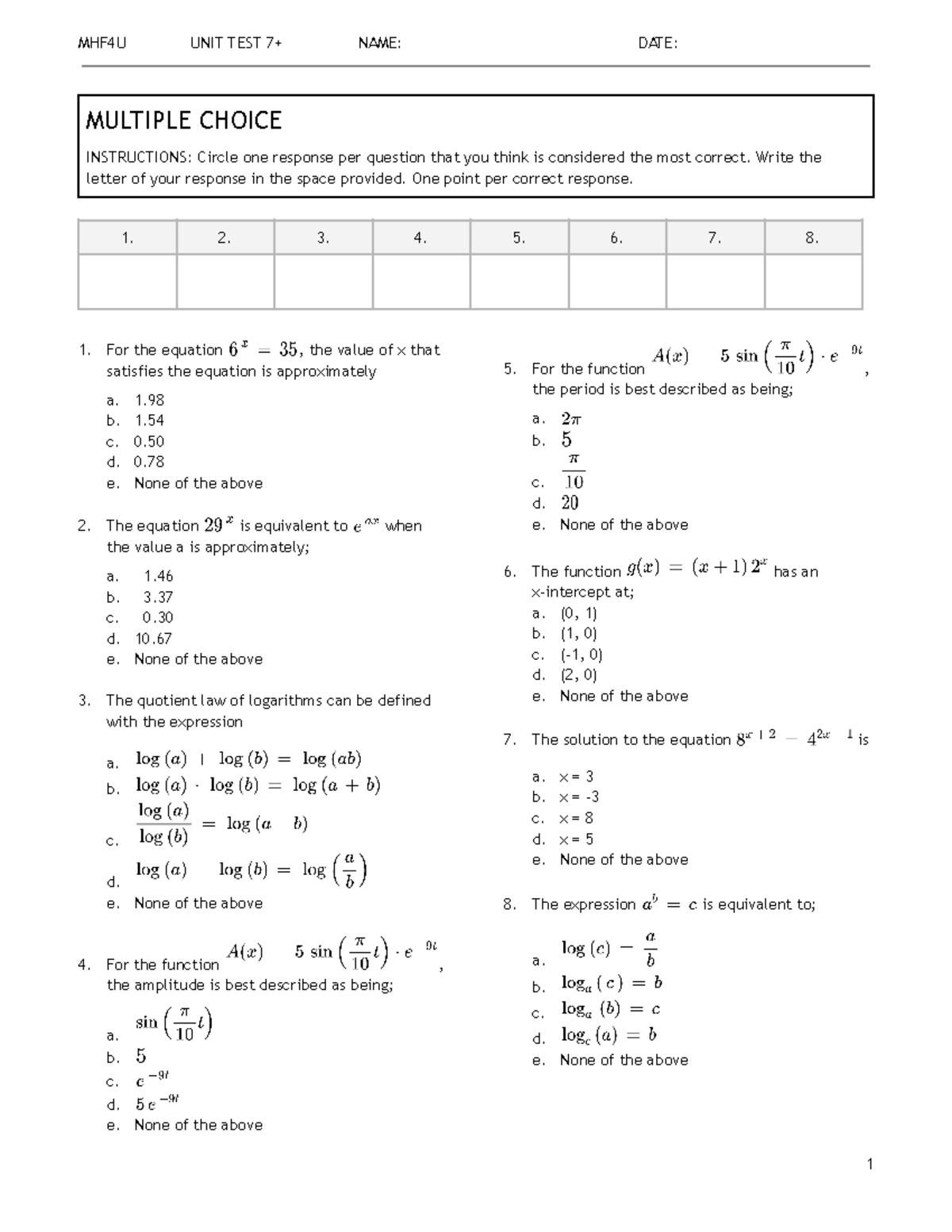 Math Practice Problems - MHF4U UNIT TEST 7+ NAME: DATE: MULTIPLE CHOICE ...