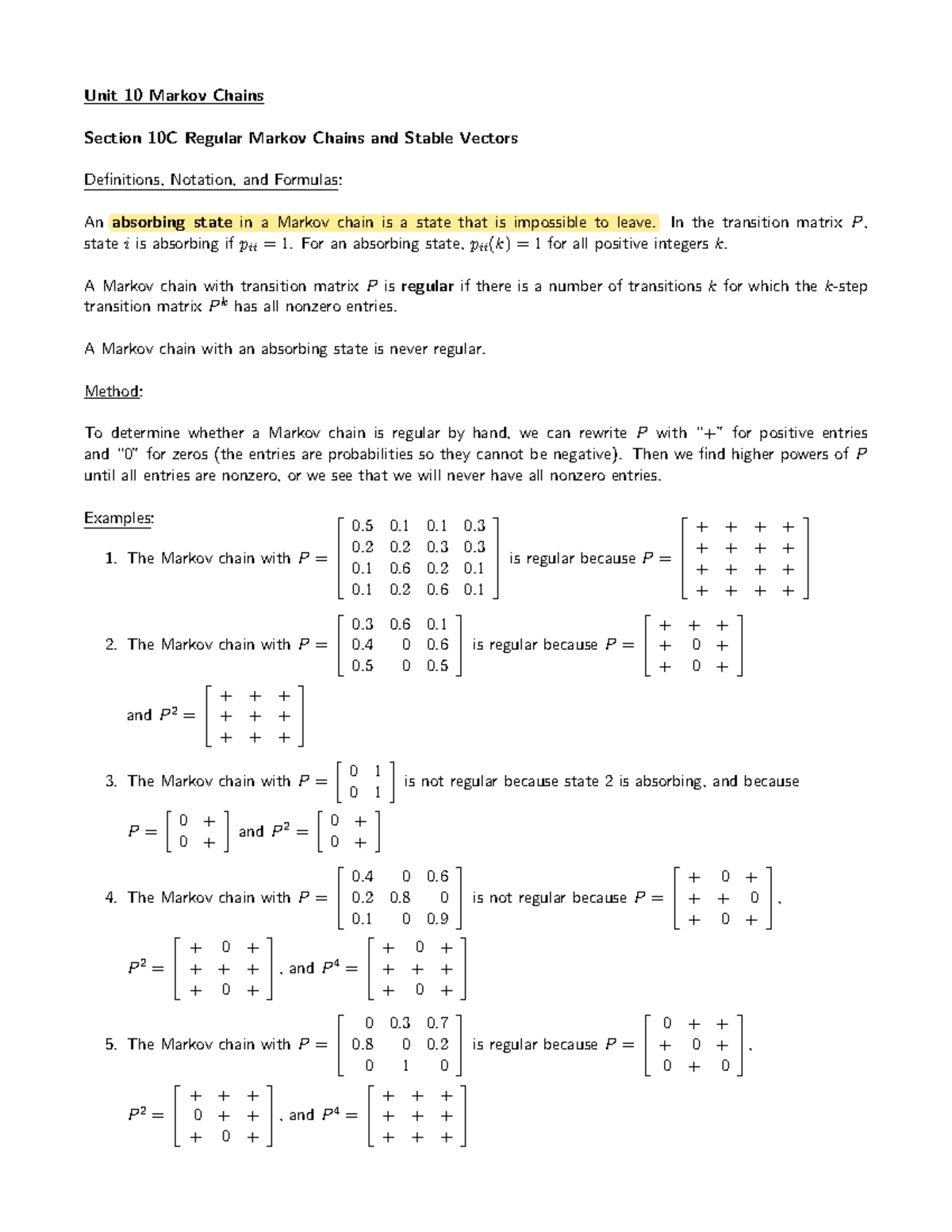 8.3 lecture notes - Unit 10 Markov Chains Section 10C Regular Markov ...