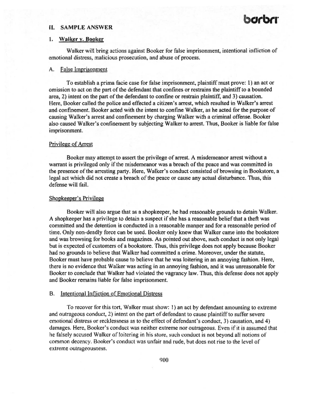 Week 15 defamation (barbri) (answer) - borbr1· II. SAMPLE ANSWER t. Walker v. Booker Walker will ...