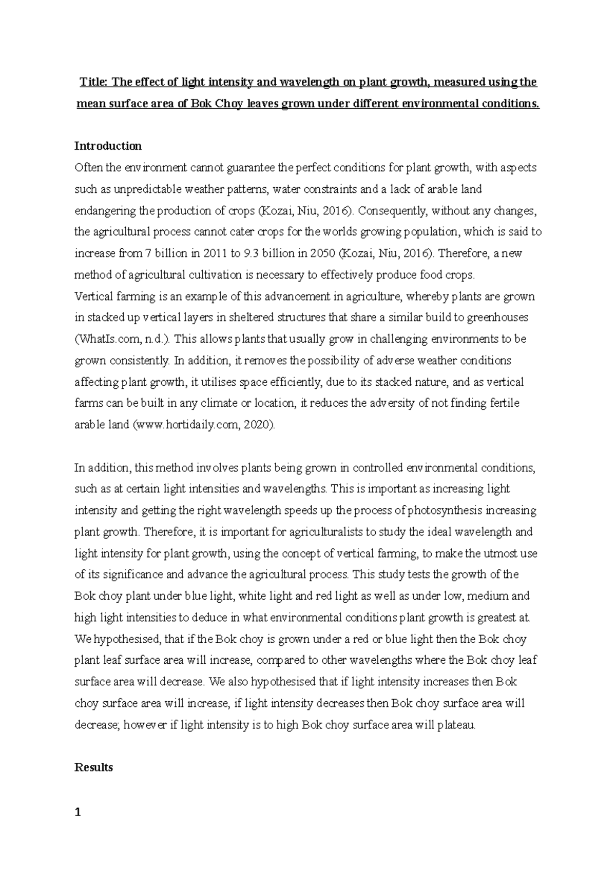 Scientific report - Title: The effect of light intensity and wavelength ...