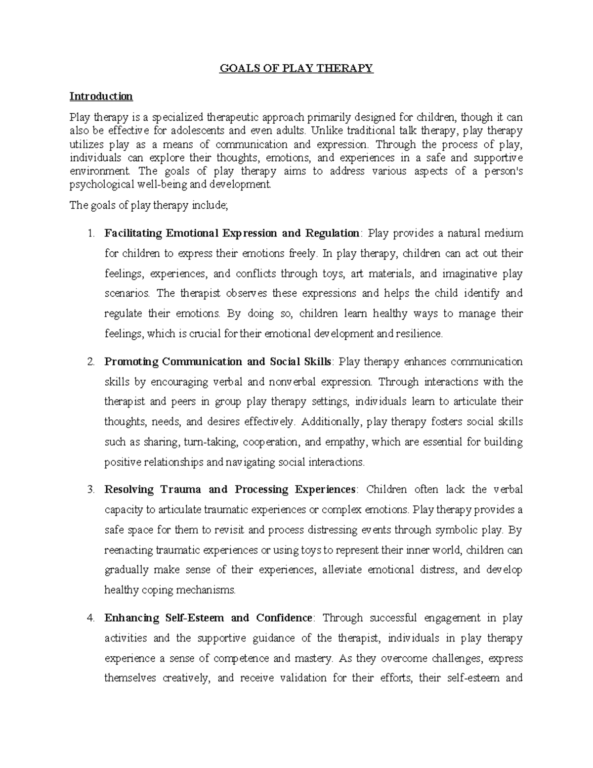 GOALS OF PLAY THERAPY - GOALS OF PLAY THERAPY Introduction Play therapy ...