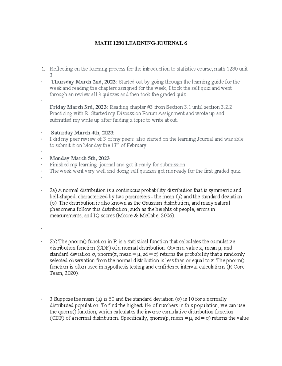 MATH 1280 Learning Journal 3 - MATH 1280 LEARNING JOURNAL 6 Reflecting ...