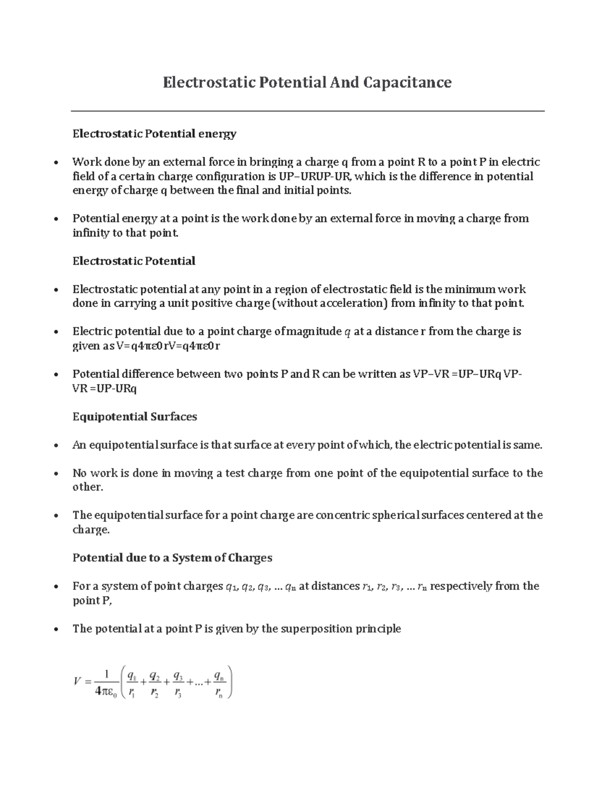 Phy 1 - very clear notes - Electrostatic Potential And Capacitance ...