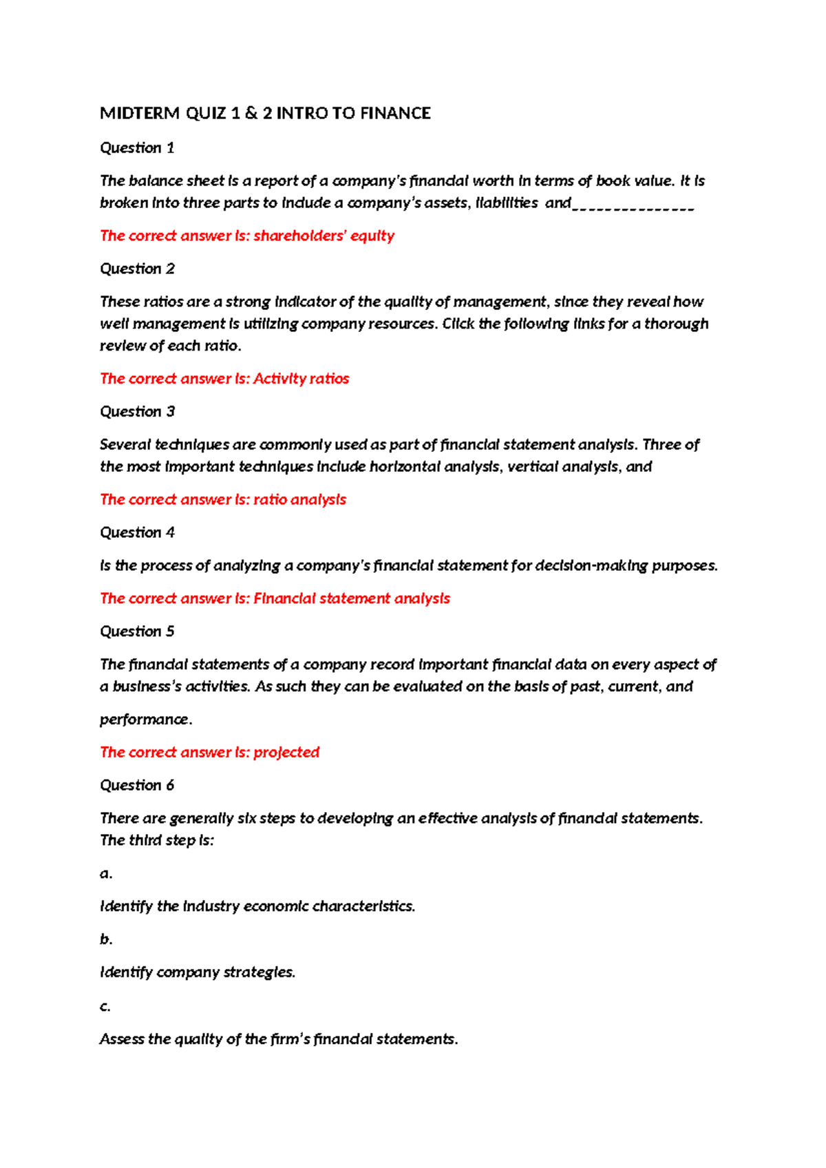 Midterm QUIZ 1 2 Intro FOR Finance - MIDTERM QUIZ 1 & 2 INTRO TO FINANCE Question 1 The balance ...