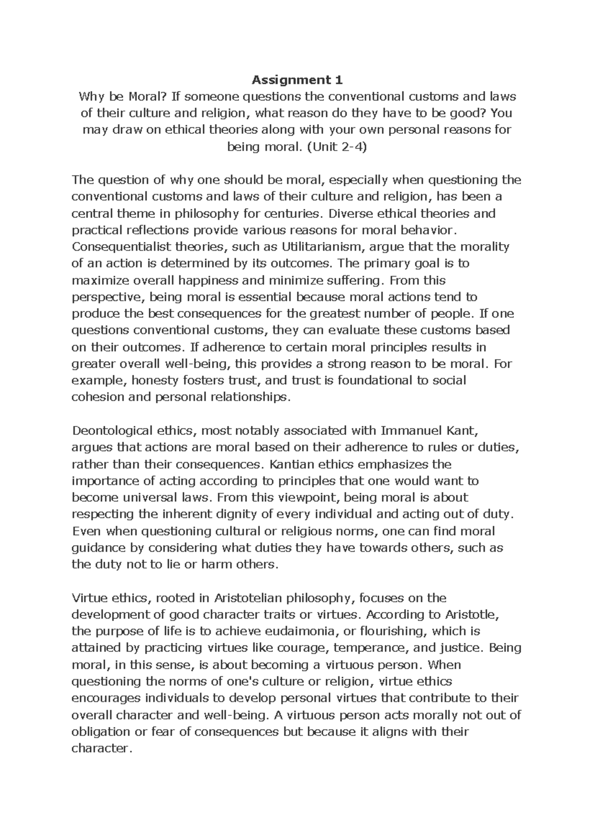 Why Be Moral? Examining Ethical Theories and Personal Reasons (Unit 2-4 ...