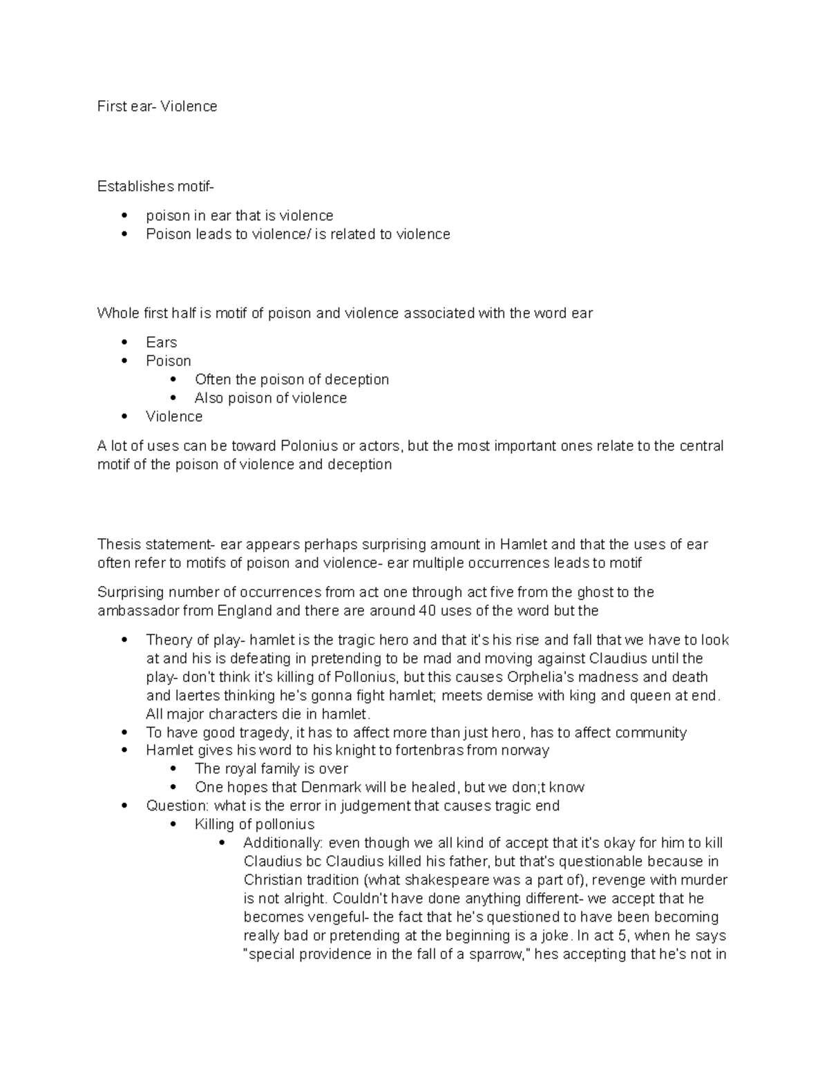 Shakespeare Essay Outline - First ear- Violence Establishes motif ...