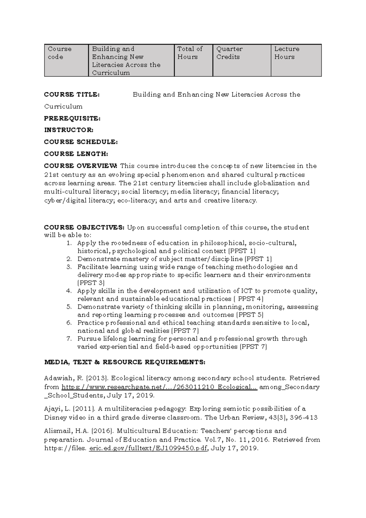 Building and Enhancing New Literacies Across the Curriculum Syllabus ...