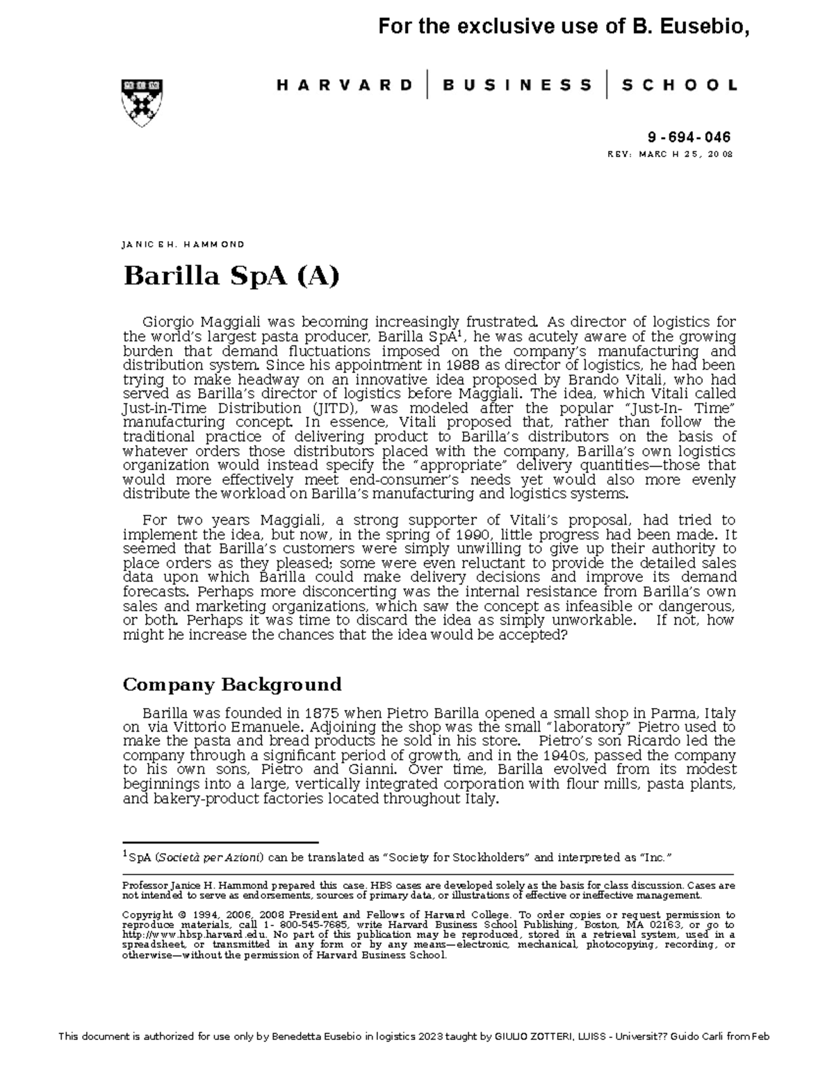 CASO Barilla-PDF-ENG - casi logistica di distribuzione, prof Zotteri - 2023. This document is ...