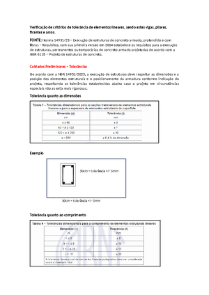 Tolerância de elementos lineares - FONTE: Norma 14931/23 – Execução de ...