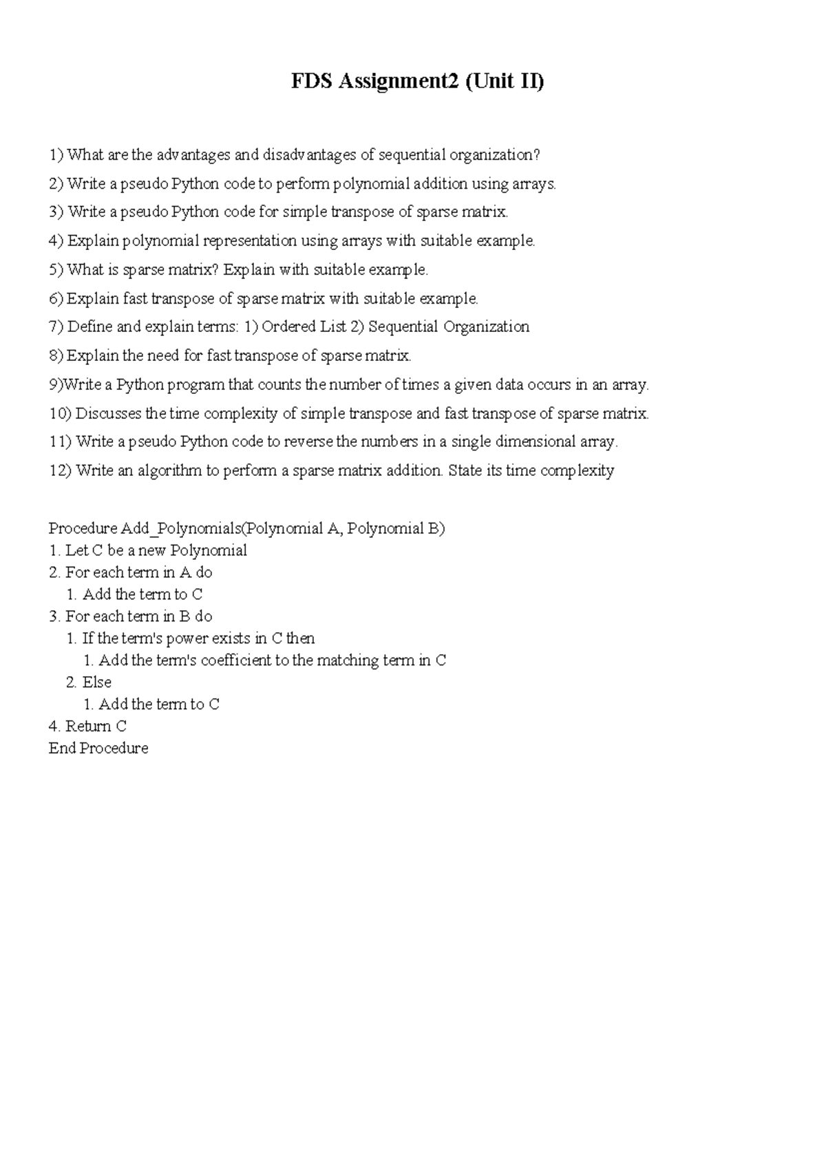 FDS Assignment 2 - fhgdh - FDS Assignment2 (Unit II) What are the advantages and disadvantages ...