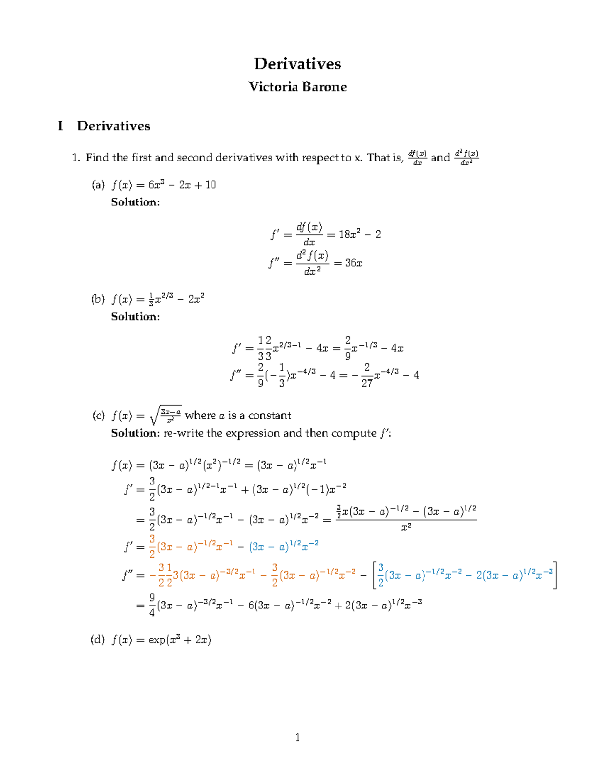 3 - math review - Derivatives Victoria Barone I Derivatives Find the ...