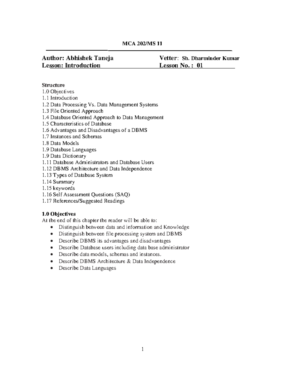 DBMS Notes FULL - MCA 11 Author: Abhishek Taneja Lesson: Introduction ...