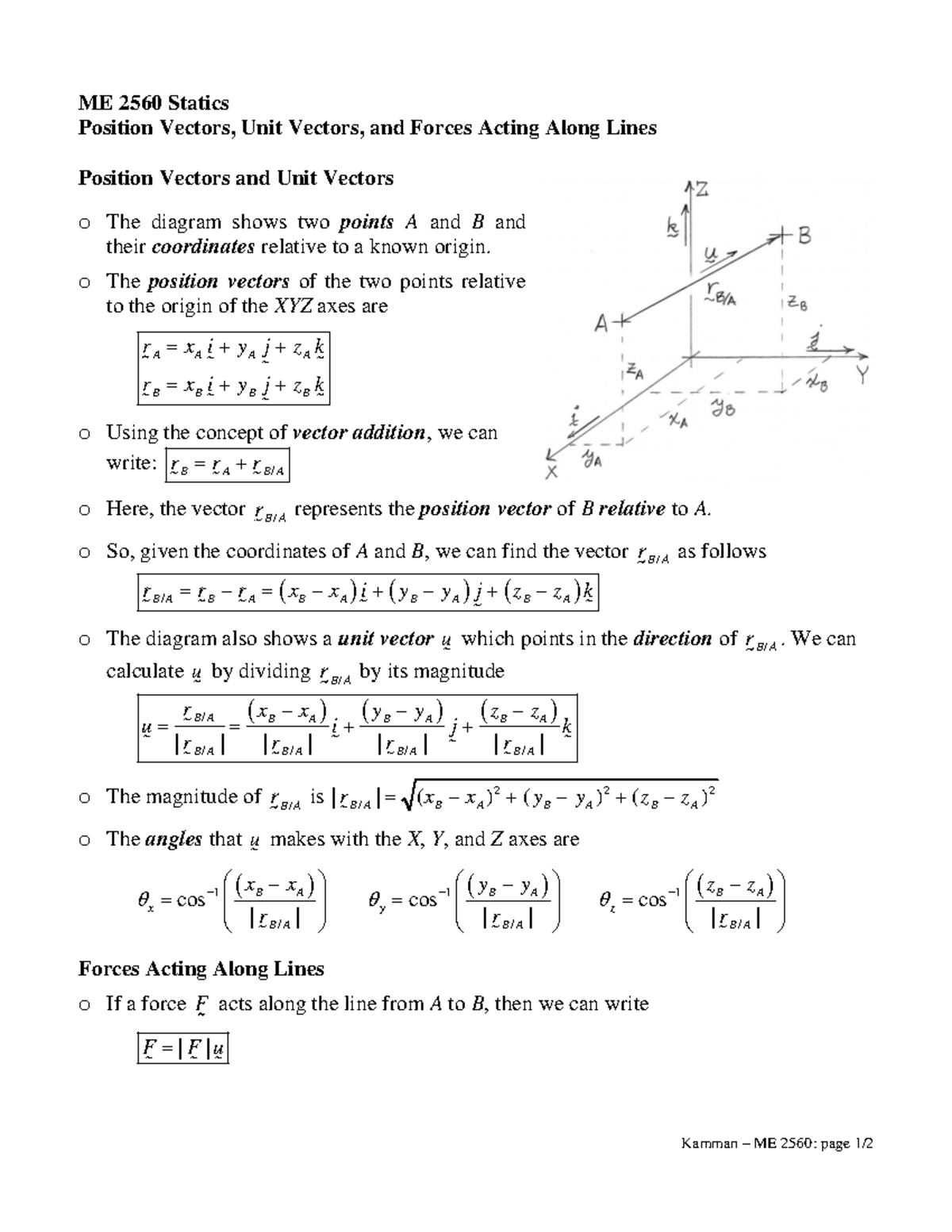 ME256Position Vectors Unit Vectorsand Forces Along Lines - Kamman – ME ...
