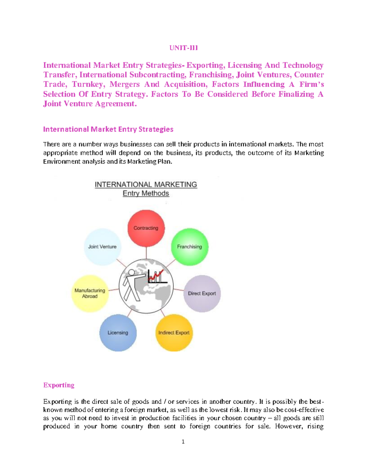 MArket entry strategies - UNIT-III International Market Entry ...