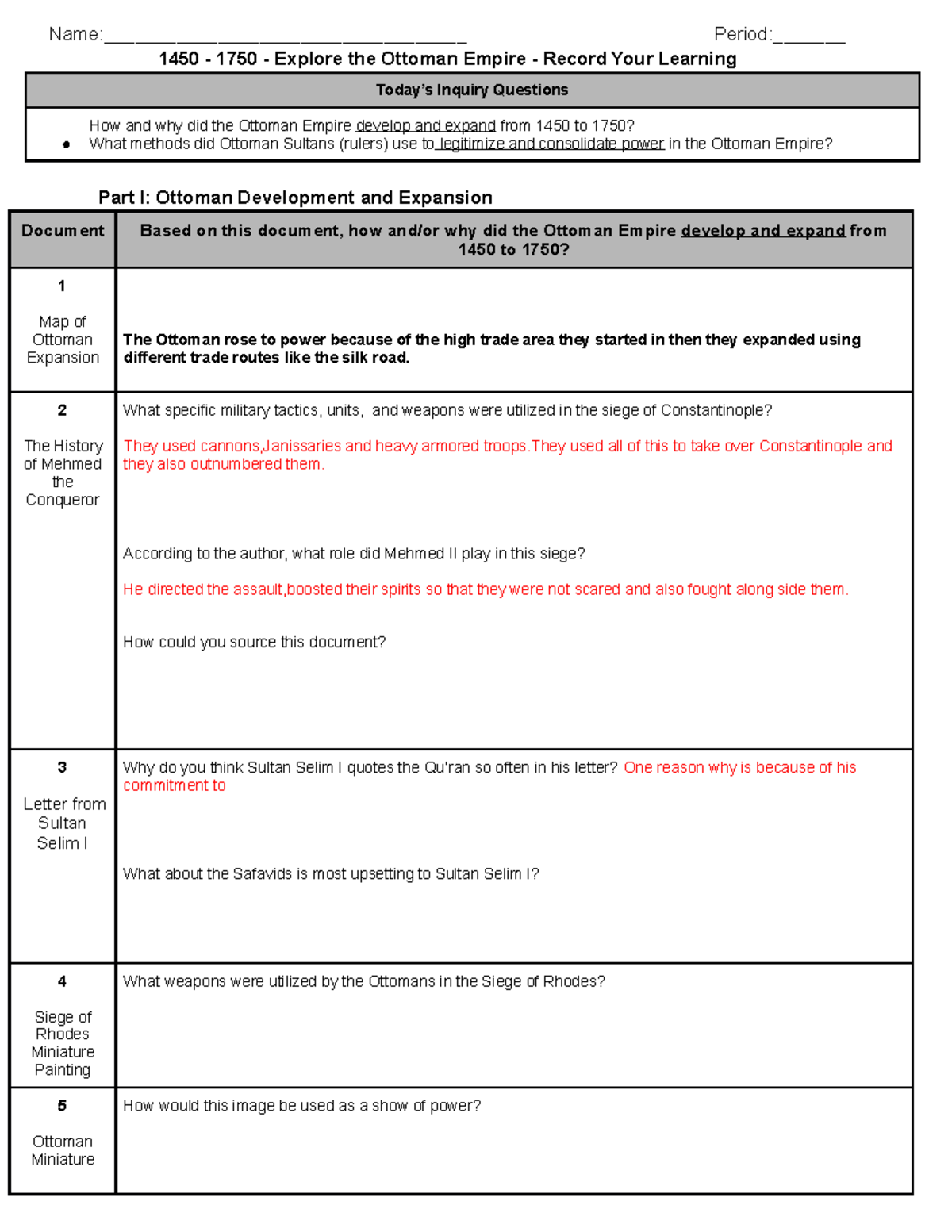 Copy of Explore the Ottoman Empire (record your learning) - Name