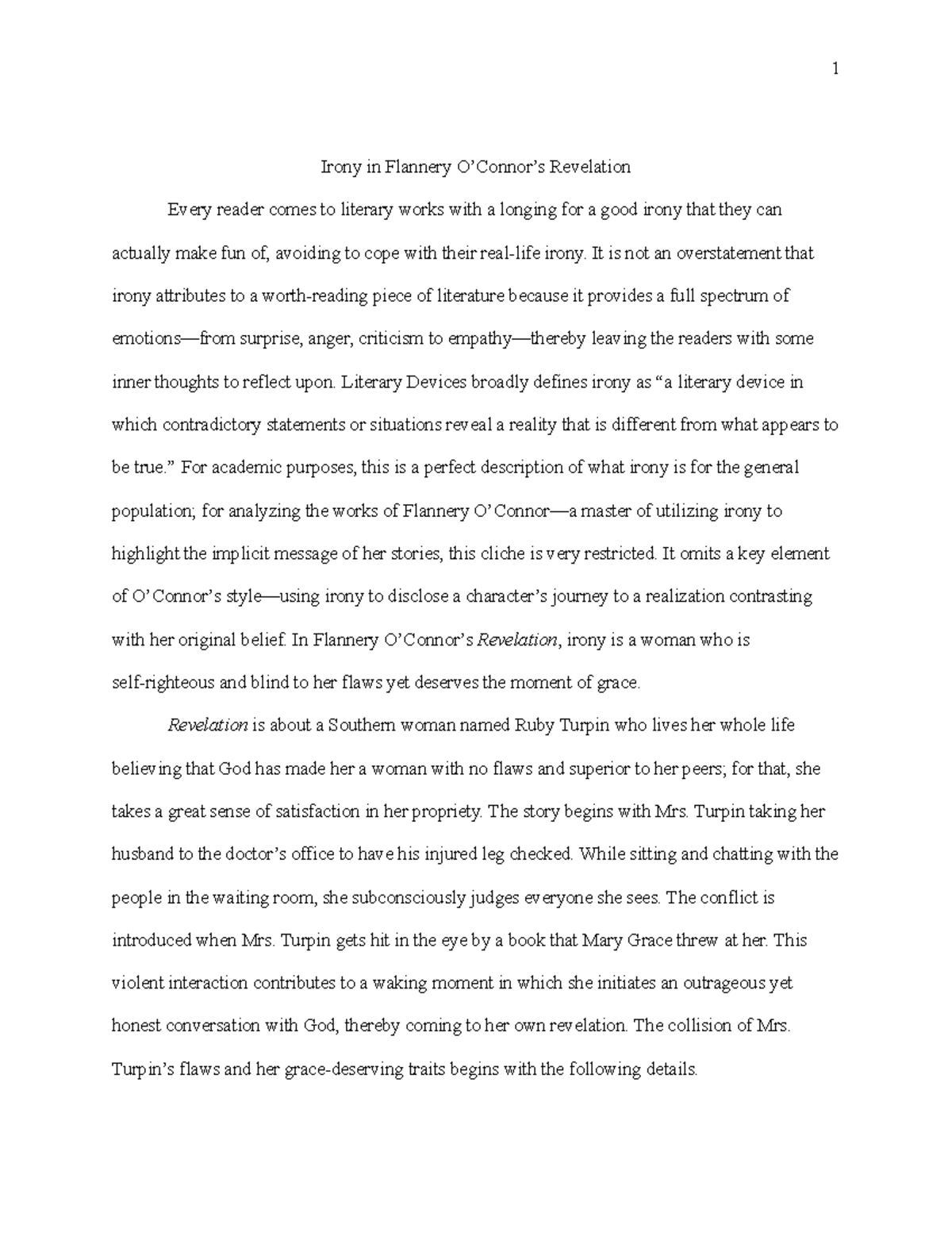 Definition Essay - 1 Irony in Flannery O’Connor’s Revelation Every ...