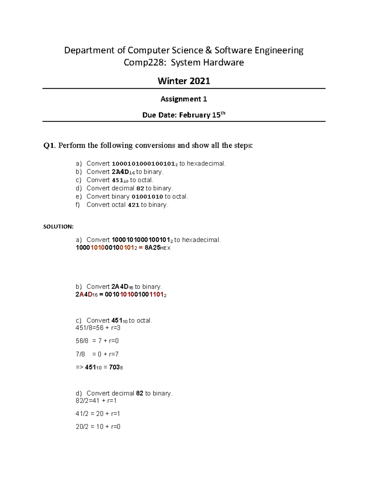 COMP 228-Assignment 1-Sol - Department of Computer Science & Software Engineering Comp228: - Studocu