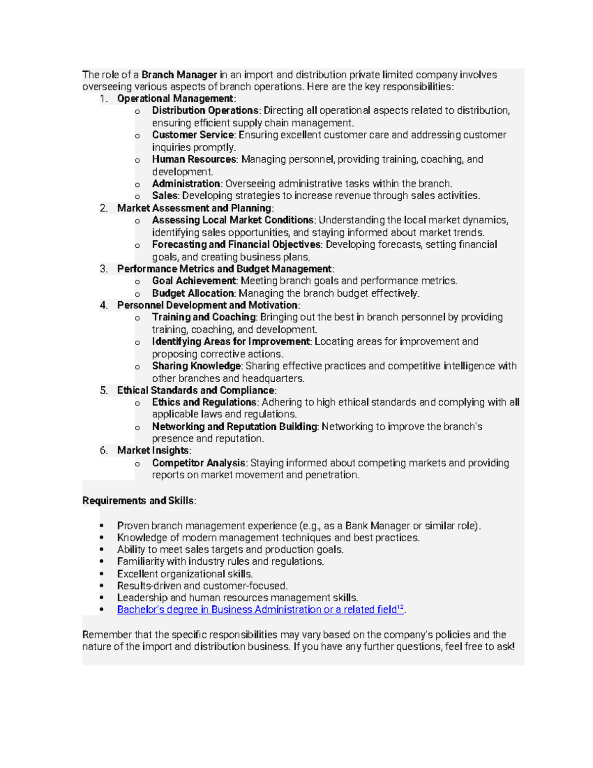 The role of a. branch Manger - Here are the key responsibilities: 1 ...