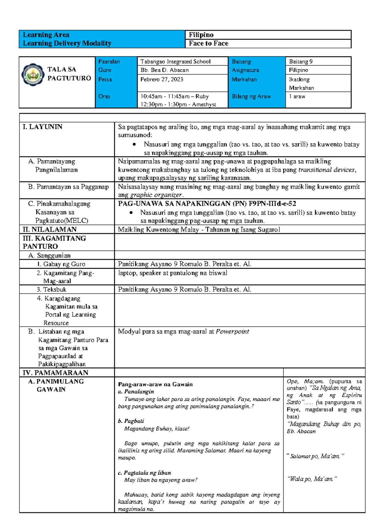 Unang-Araw - n/a - Learning Area Filipino Learning Delivery Modality ...